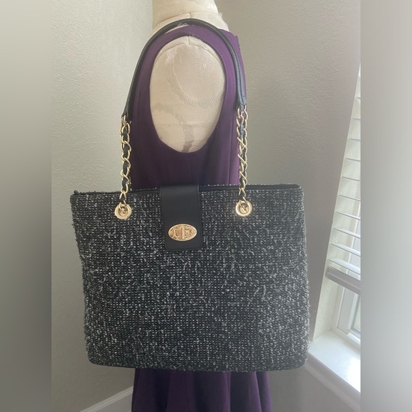Talbots | Bags | Talbots Tweed Leather Black Tote Handbag Purse Gold ...